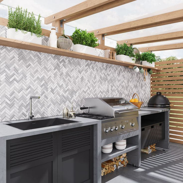 x16 Vista White marble Herringbone Mosaic tiles END OF LINE – Lite Stone
